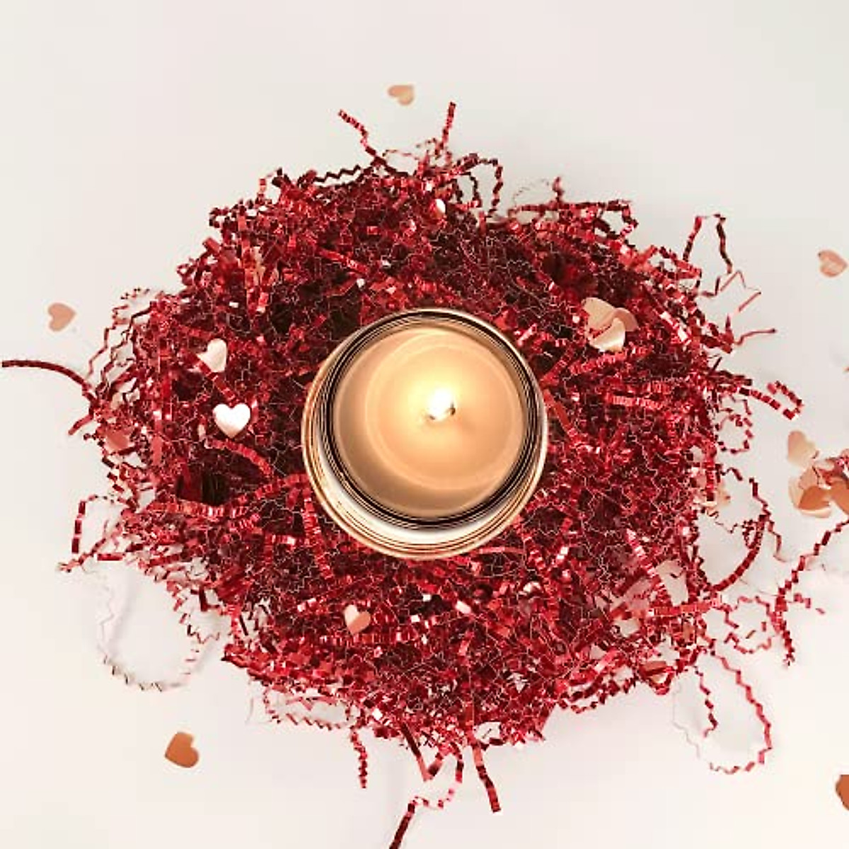 PAPER FAIR 1 LB Valentine's Day Crinkle Cut Paper with Rose Gold Heart Confetti, Metallic Red Paper Shred Filler Strand Raffia Tissue Craft Bedding Cushion, Christmas Party Birthday Gift Box Basket Retail