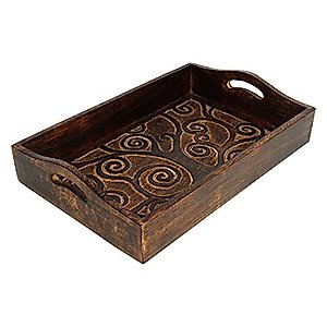Ajuny Indian Handcrafted Rectangular Mango Wooden Decorative Serving Tray Platters with Handle Hand Carved Tree of Life Design
