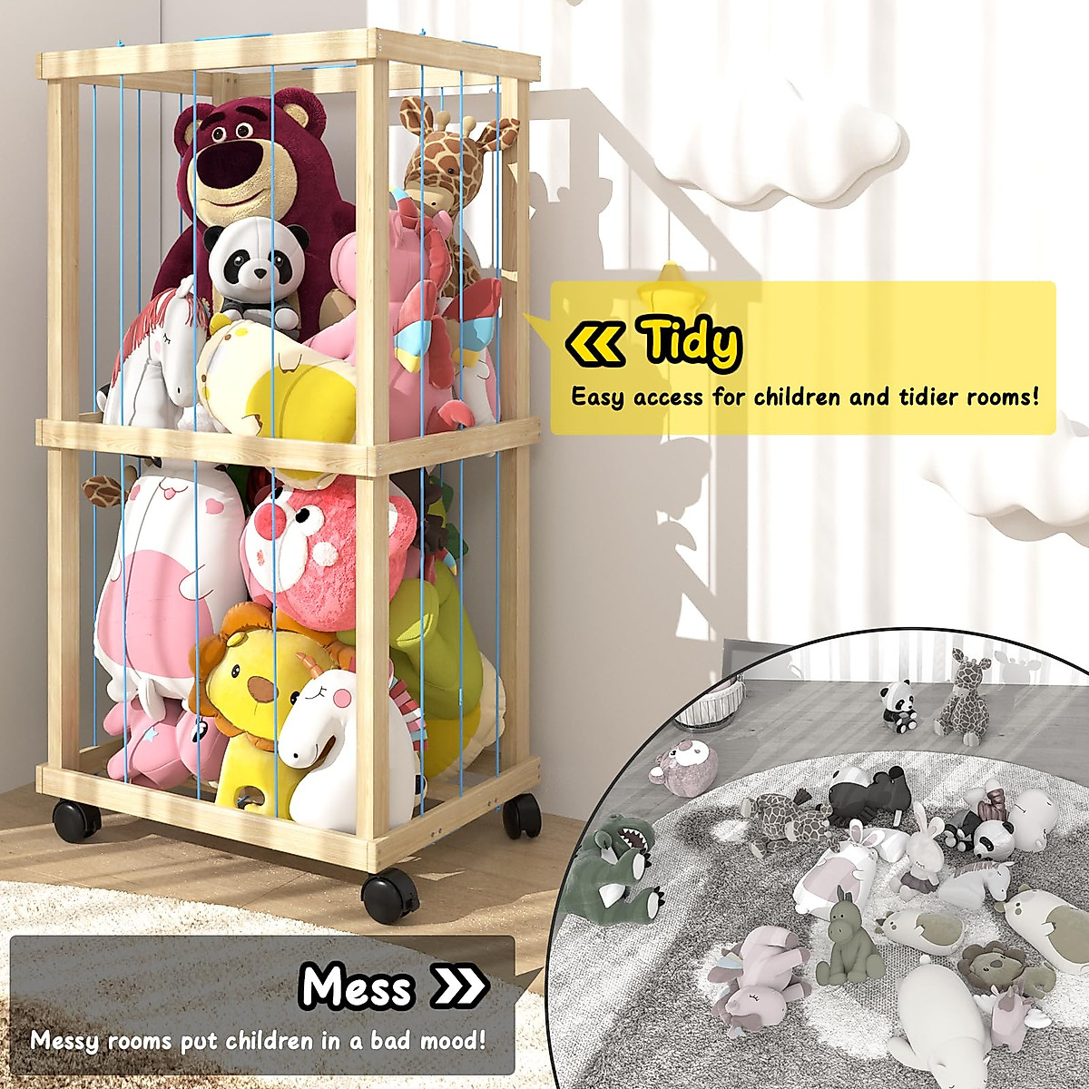 PatioDeco Stuffed Animal Zoo Storage Cage 55" Wood Large Stuffed Animal Storage Basket, Toy Storage for Big Small Stuffed Animals