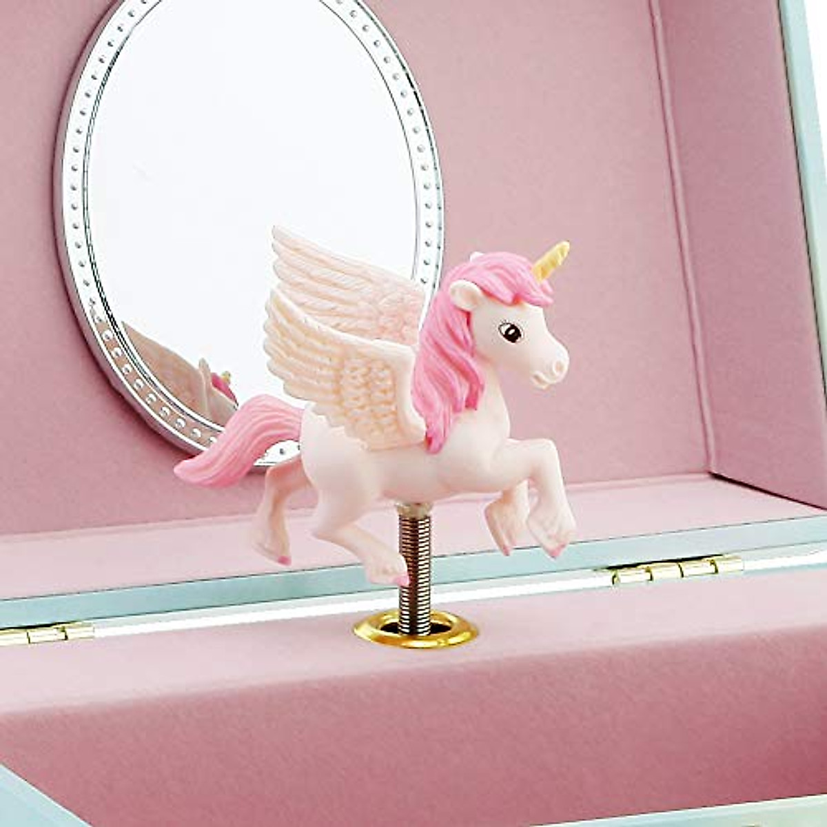 RR ROUND RICH DESIGN Musical Jewelry Glitter Storage Box and Jewelry Set for Little Girls with Spinning Unicorn and Rainbow - Blue Danube Tune Blue