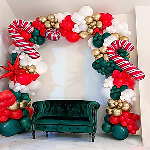 Christmas Balloon Garland Arch Kit with Red, Green, White and Gold Balloons, Candy Cane, Exploding Star for Christmas Party Decorations