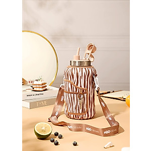 H2O Capsule 2.2L Half Gallon Wide Mouth Water Bottle with Storage Sleeve and Removable Straw - Hydration Tracker Jug with Measurements Marked – Shatterproof BPA-Free, (Libra Zebra)