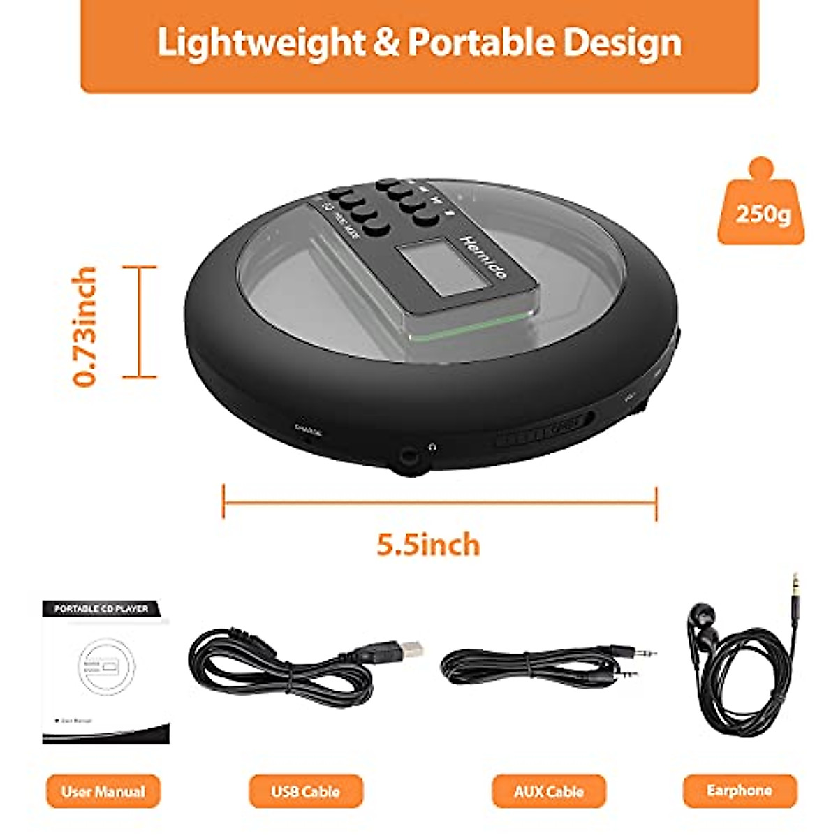 Rechargeable Portable CD Player for Car, Hernido Discman CD Player with FM Transmitter, 20 Hours Playtime Personal Compact Disc CD Player, USB CD Walkman with Headphones, Anti-Skip & Resume Playback