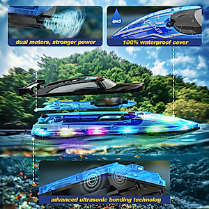 JOI MEW RC Boat for Kids with LED Lights, 2.4Ghz Remote Control Racing Boats for 8-12,Toy Water Boat for Pools & Lakes with Waterproof,Rechargeable Battery, for Boys Girls Blue