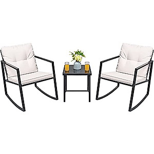 Greesum 3 Pieces Rocking Wicker Bistro Set, Patio Outdoor Furniture Conversation Sets with Porch Chairs and Glass Coffee Table, Beige