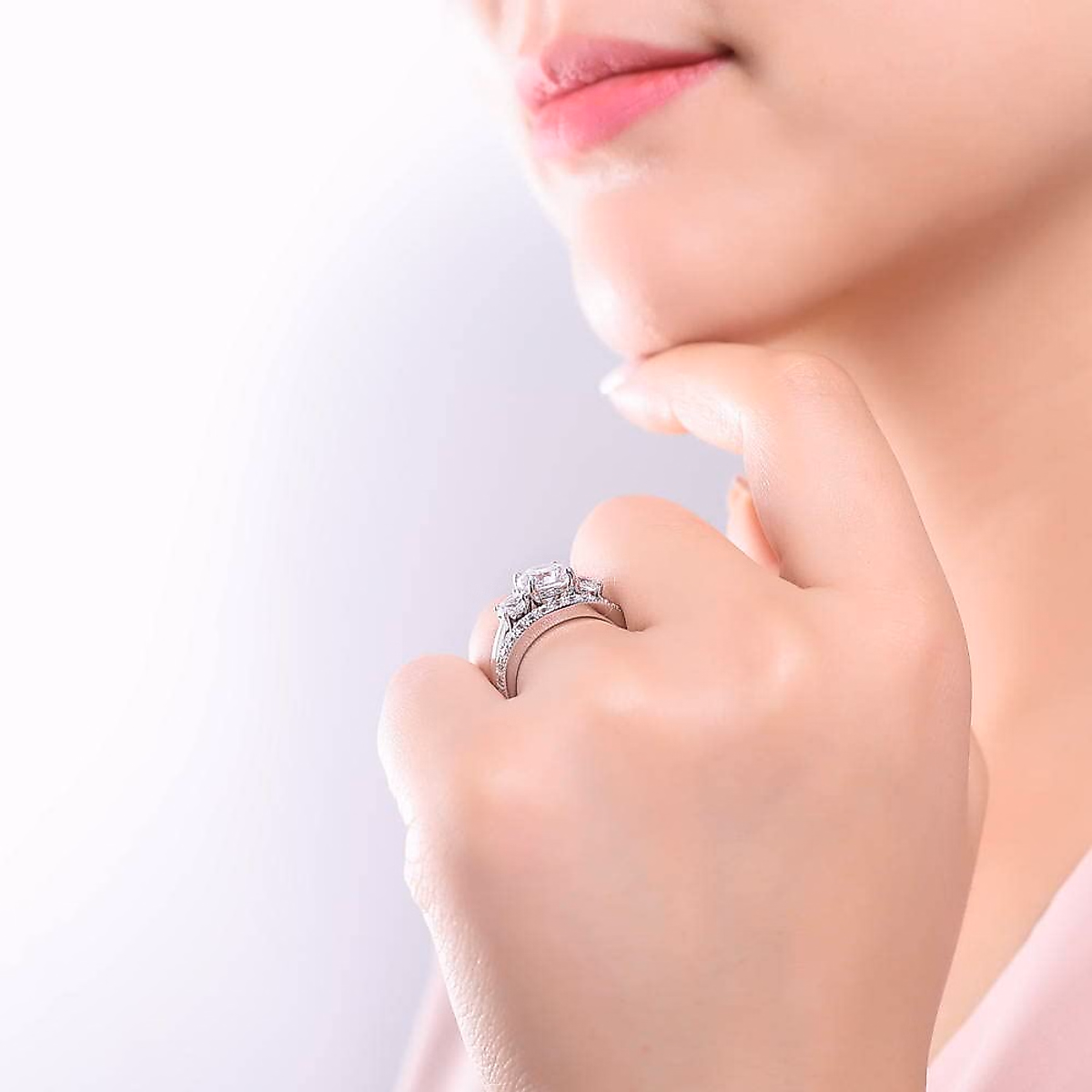 BERRICLE Sterling Silver 3-Stone Wedding Engagement Rings Round Cubic Zirconia CZ Ring Set for Women, Rhodium Plated Size 5.5