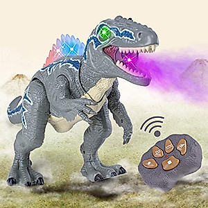 WESPREX Remote Control Walking Dinosaur T-Rex with Water Mist Spray, LED Light Up Eyes & Back, Roaring Sound, Realistic Tyrannosaurus, Toy for Boys Kids Girls Ages 3 4 5 6 7 Year Old - Blue