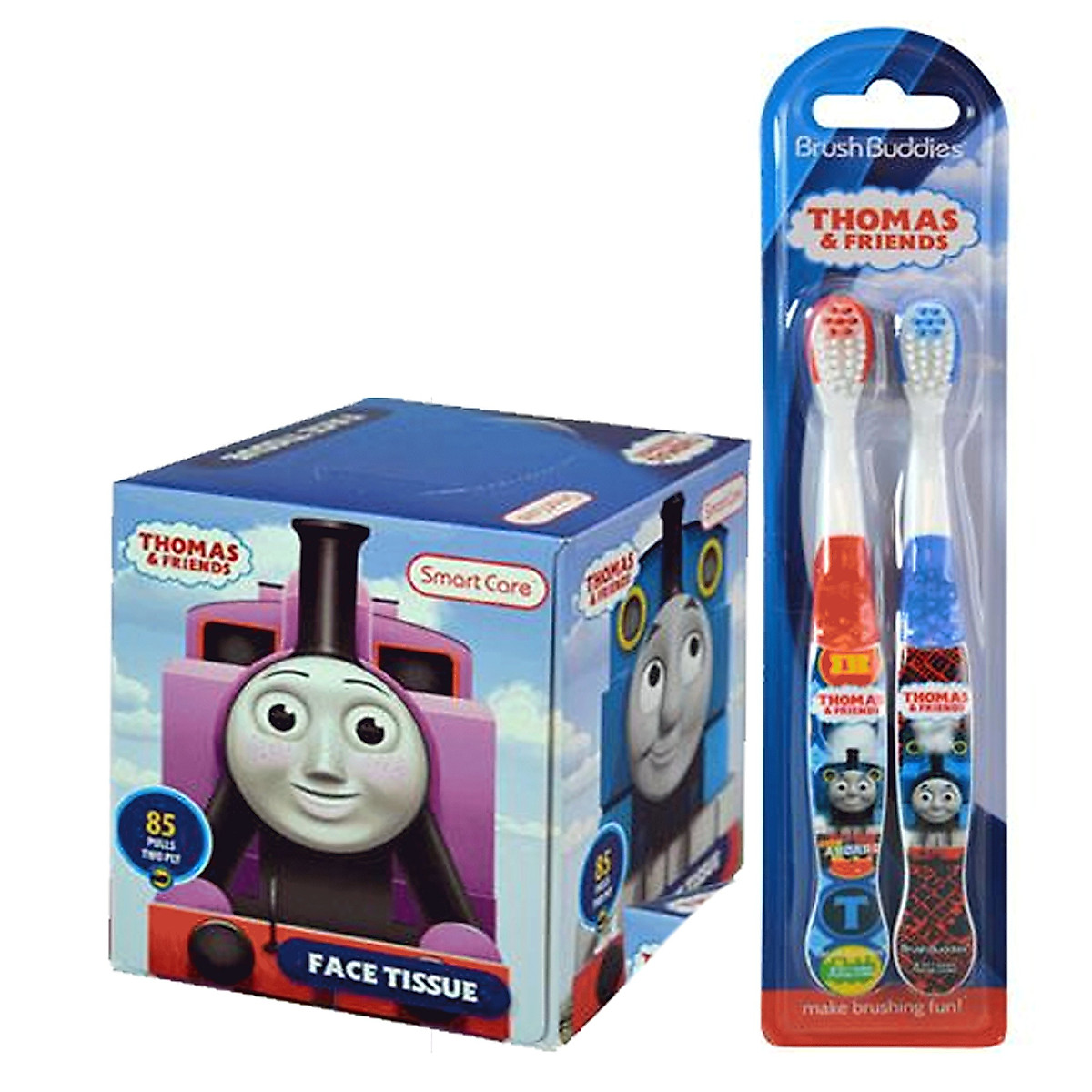 Thomas The Train Kids 2pk Soft Manual Toothbrush Set Plus Bonus Thomas & Friends Bathroom Tissue Box!