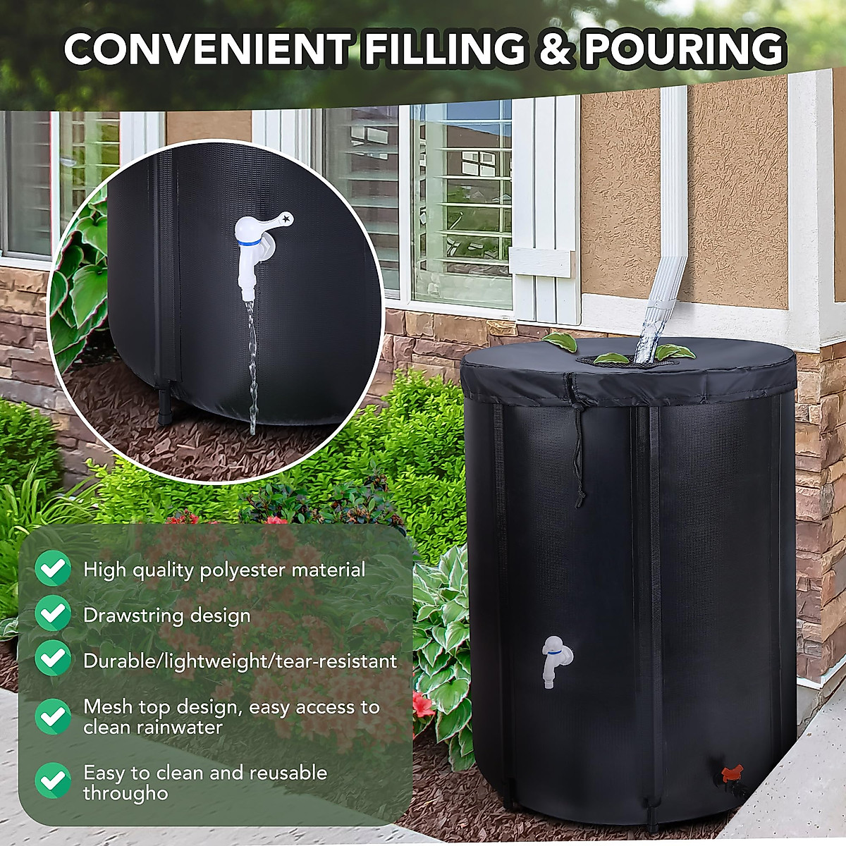 Rihogar 100 Gallon Rain Barrel Water Tank, Portable Water Storage Tank, Large Rain Water Collection Barrel, Collapsible Rain Water Catching System with Spigot Overflow Kit, Black
