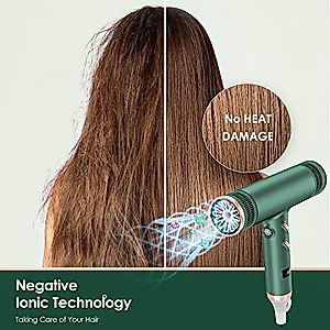 TIHONI Ionic Hair Dryer, Professional Salon Negative Ions Blow Dryer, Powerful for Fast Drying, 3 Heating/ 3 Speed, Cool Button, Damage Free Hair with Constant Temperature, Low Noise, Green
