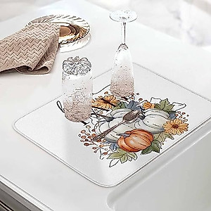 Hello Fall Dish Drying Mat for Kitchen Counter, Thanksgiving Grey Orange Pumpkins Baby Bottle Microfiber Drying Pad, Autumn Sunflower Botanical Absorbent Coffee Cup Dishes Drainer Mats 18"x24", 1 Pcs