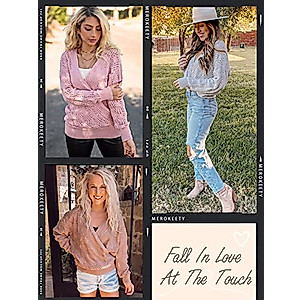 MEROKEETY Womens Deep V Neck Wrap Sweaters Long Sleeve Crochet Knit Pullover Tops, Army Green, Large