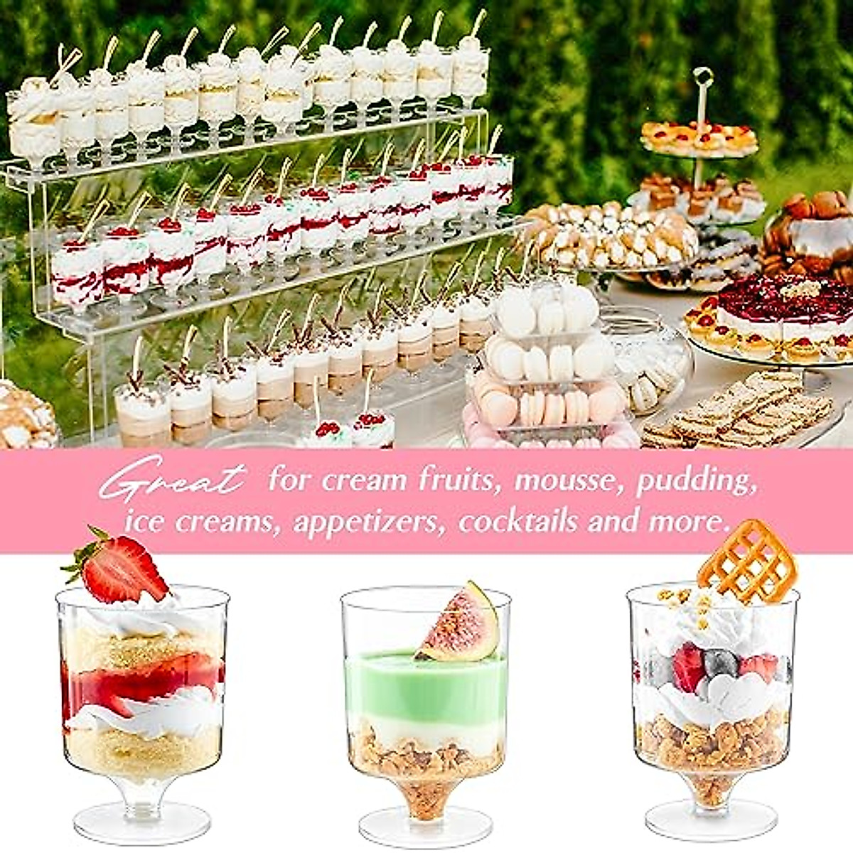Zezzxu 5 oz Mini Dessert Cups with Spoons, 40 Pack Small Dessert Cups Plastic Footed Wine Glasses for Serving Trifles, Appetizers, Puddings, Mousse, Parfait