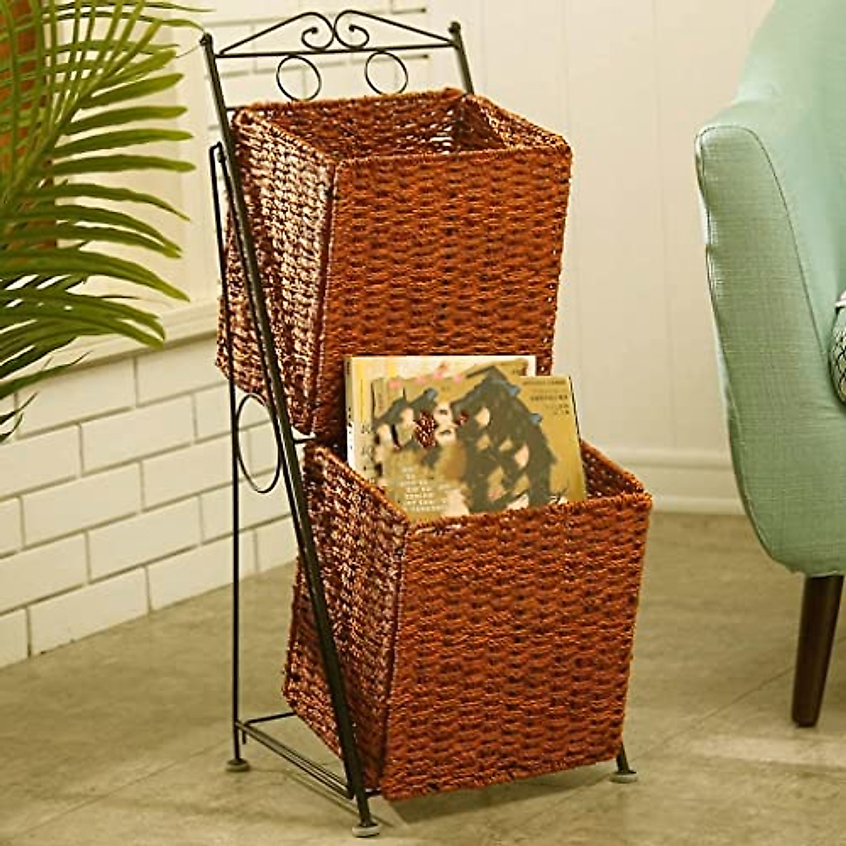 HHTD Vertical Magazine Rack Folding Storage Book Basket,Creative Rattan Bookshelf Magazine Rack Floor Storage Basket
