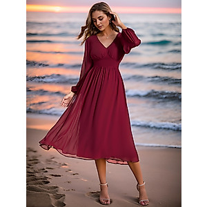 Ever-Pretty Women's Chiffon Long Sleeve Elastic Waist A-Line Knee Length Wedding Guest Dresses Burgundy US16