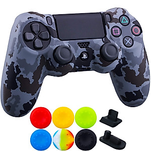 9CDeer 1 Piece of SiliconeTransfer Print Protective Cover Skin + 6 Thumb Grips & Dust Proof Plugs for PS4/Slim/Pro Controller Cartoon Skulls