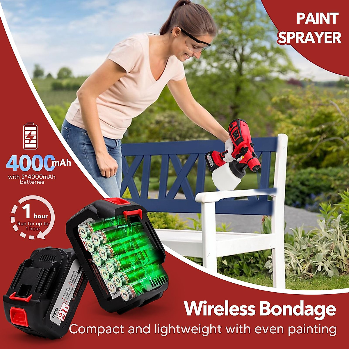 Cordless Paint Sprayer,Battery Operated Spray Gun with 2 * 21V 4000 mAh Batteries HVLP Electric Spray Gun Handheld Spray Gun for Fences Ceilings Furniture Walls Doors Cabinets