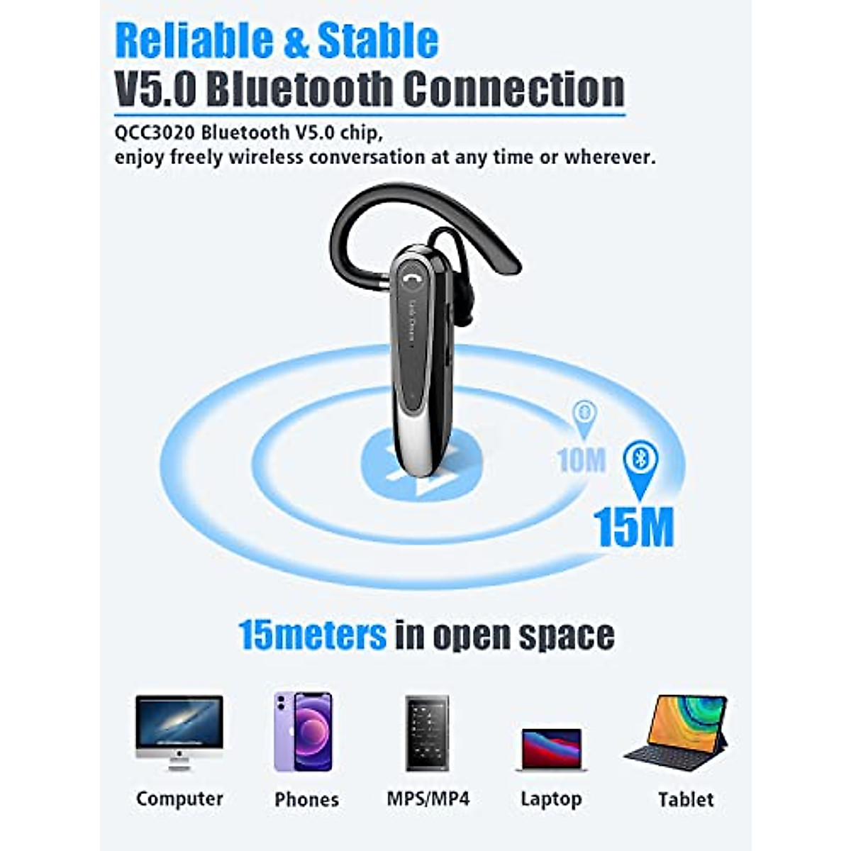 Link Dream Bluetooth Earpiece Wireless CVC8.0 Headset for Cell Phone Dual Mic Noise Canceling Handsfree Phone Earpiece with Mute 20Hrs Talk Time 180 Days Standby for iPhone Android Home Office Driving