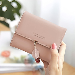 CALIYO Wallets for Women, Leaf Card Holder Trifold Small Wallets for Women , Silm Wallets Zipper Coins Pocket with ID Window,Pink