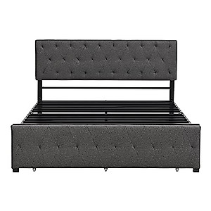 TARTOP Queen Size Upholstered Platform Bed with Storage Drawer, Metal Queen Bed Frame with Headboard，No Box Spring Required，Gray