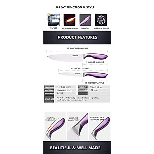 Premium Kitchen Knife 8" Chef Knife Sharp Stainless Steel Blade Beautiful Purple Handle, Peeler, Utility, Paring Vegetable, and Peeling (8 Inch)