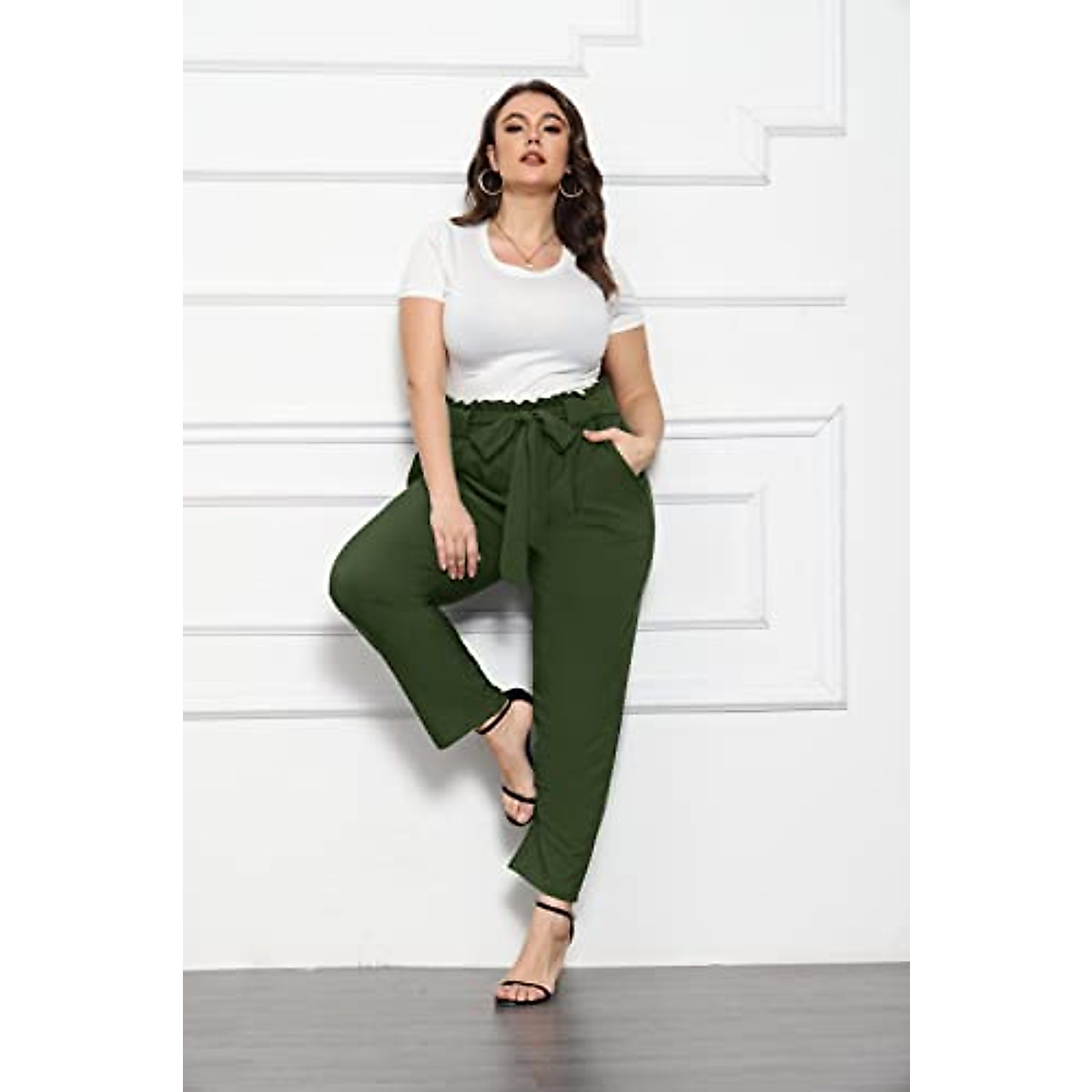 KIMCURVY Paper Bag Pants for Women High Waist Plus Size Pencil Pants for Work Army Green 18W