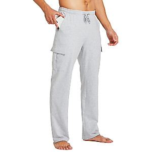Willit Men's Cotton Yoga Sweatpants Athletic Lounge Pants Cargo Open Bottom Joggers Straight Leg Casual with Pockets Light Gray XL