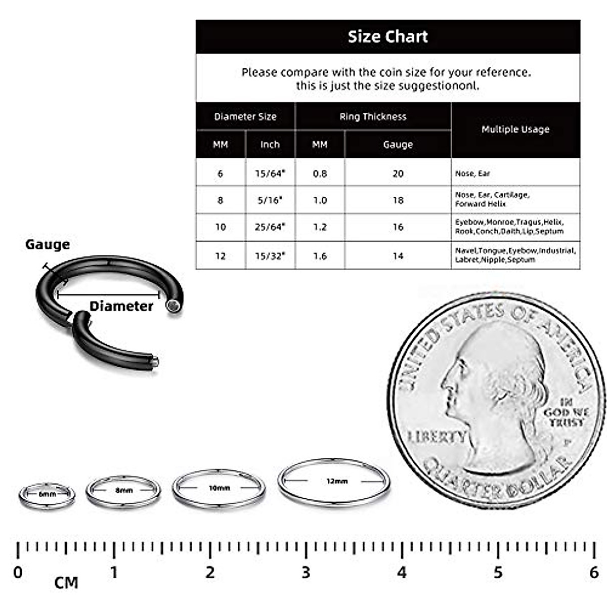 WBRWP 316L Surgical-Steel Hinged Nose Rings Hoop 18G Womens and Mens Body Pierecing Ring Septum Clicker Helix Cartilage Hoop Body Piercing Jewelry 8mm Diameter, Black
