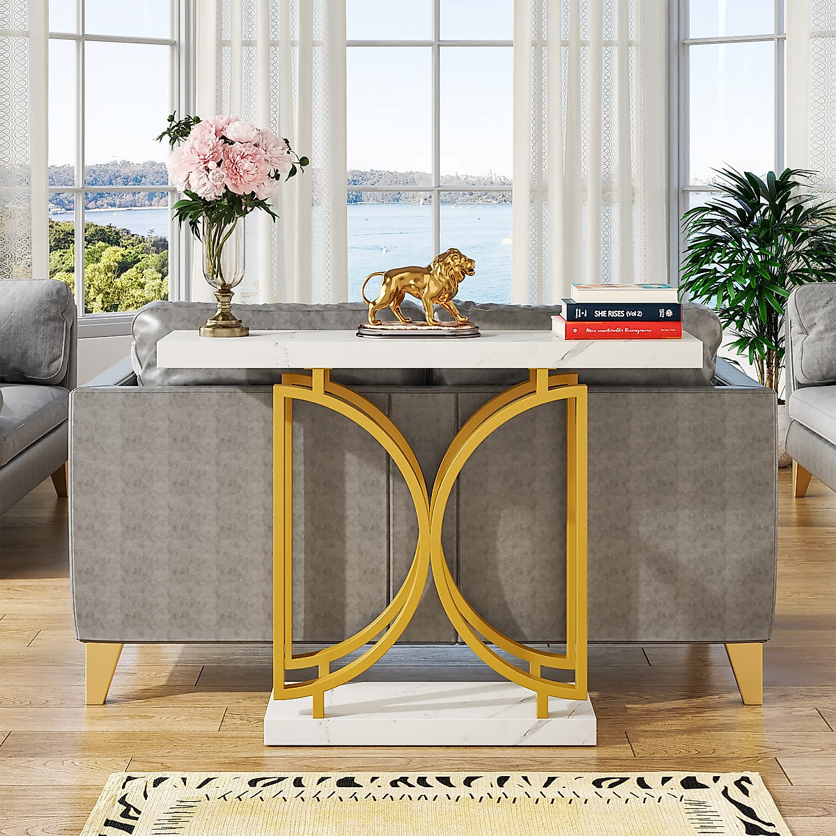 Tribesigns Gold Console Table, 39 Inch Entry Sofa Table with Double D-Shaped Metal Base, Contemporary Accent Table with Faux Marble Veneer for Entryway, Hallway, Entrance, Living Room