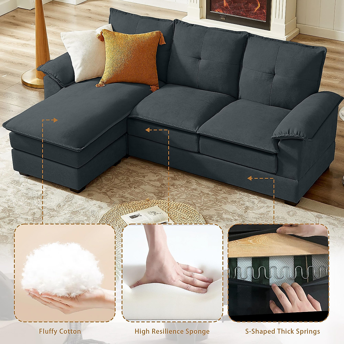 Chireca 82" Convertible Sectional Sofa, L-Shaped Comfy Cloud Couch with Reversible Chaise and Padded Armrests, Modern Polyester 3 Seat Sofa Couches for Living Room (Dark Grey)