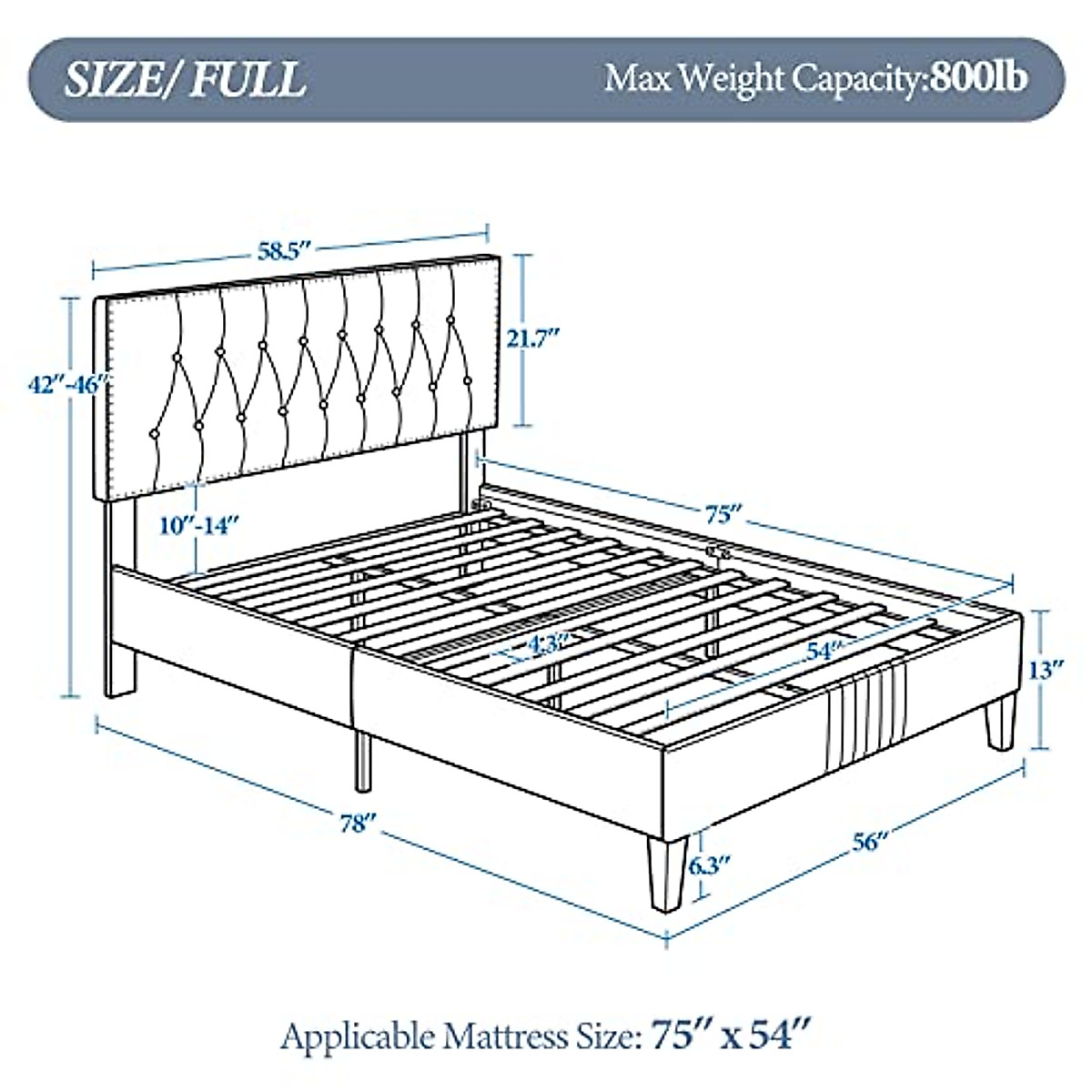 Yaheetech Full Bed Frame Faux Leather Upholstered Platform Bed with Height-Adjustable Headboard, Button Tufting & Nailhead Trim/Noise-Free/Wood Slats Support/No Box Spring Needed, Black Full Bed