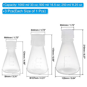 PATIKIL Erlenmeyer Flask, 3 Pcs 50ml 125ml 250ml Narrow Mouth Graduated Flasks with Screw Cap Plastic Flasks with Printed Graduation for Lab Experiment Chemistry Science Study