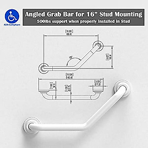 AquaChase 1-1/4 x 16inch Angled Grab Bar for Stud Mount with Knurled Grip, Bathroom Mobility Aid, ADA Compliant Heavy Duty 500lbs Support, Rustproof Stainless Steel (Brushed Nickel)