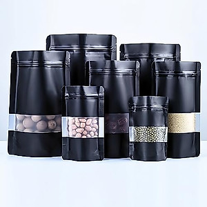 K KAREZOG 50 Pack Black Mylar Bags,Stand Up Pouch Bags with Window,Smell Proof Bag for Food Storage,Black Ziplock Bags Stand Up Foil Pouch Packaging Bags(Black, 16x24cm -50 pcs)