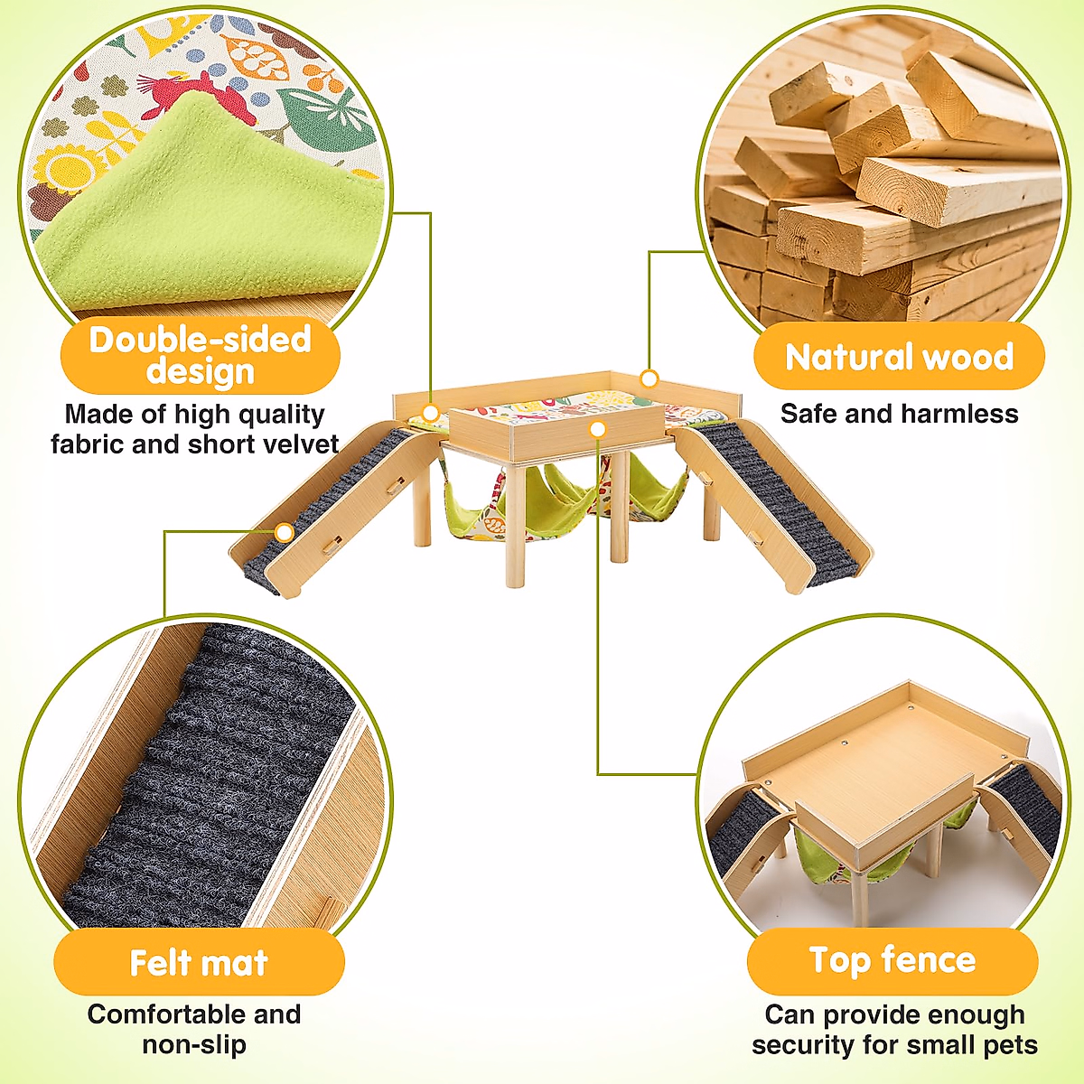 MEWTOGO Guinea Pigs Hammock with Platform, Wooden Guinea Pig Hideout with Stairs, Safe and Durable Small Pet Bed for Piggies Chinchilla Rat Hamster Bunny (Double Hammocks)