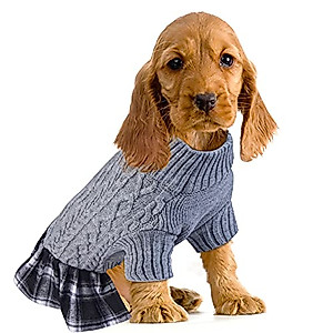 Dog Sweaters Plaid Dress, Puppy Warm Knitwear Dress for Dogs Cats, Cold Weather Doggie Kitten Apparel, Turtleneck Pet Dresses Outfits with Leash Hole for Yorkie Shih Tzu Teddy Bichon Frise Chihuahua