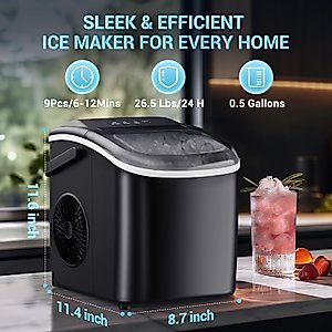 Kismile Ice Makers Countertop, Portable Ice Maker with Self-Cleaning, 26.5 lbs/24H, 9 Ice Cubes/6 Mins, Smart Button, Ice Machine with Basket and Scoop for Home/Office/Party