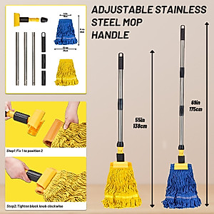 Kasunpul Commercial Mop, Looped-End String Wet Mop, Industrial Mop, 69" Heavy Duty Mops with 2 String Mop Heads for Floor Cleaning, Home, Kitchen, Office