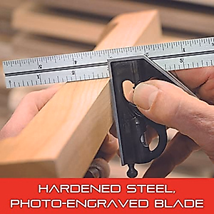 Starrett Steel Combination Square with Square Head - 4" Blade Length, Cast Iron Heads, Hardened Steel, Reversible Lock Bolt, 4R Graduation Type - 11H-4-4R