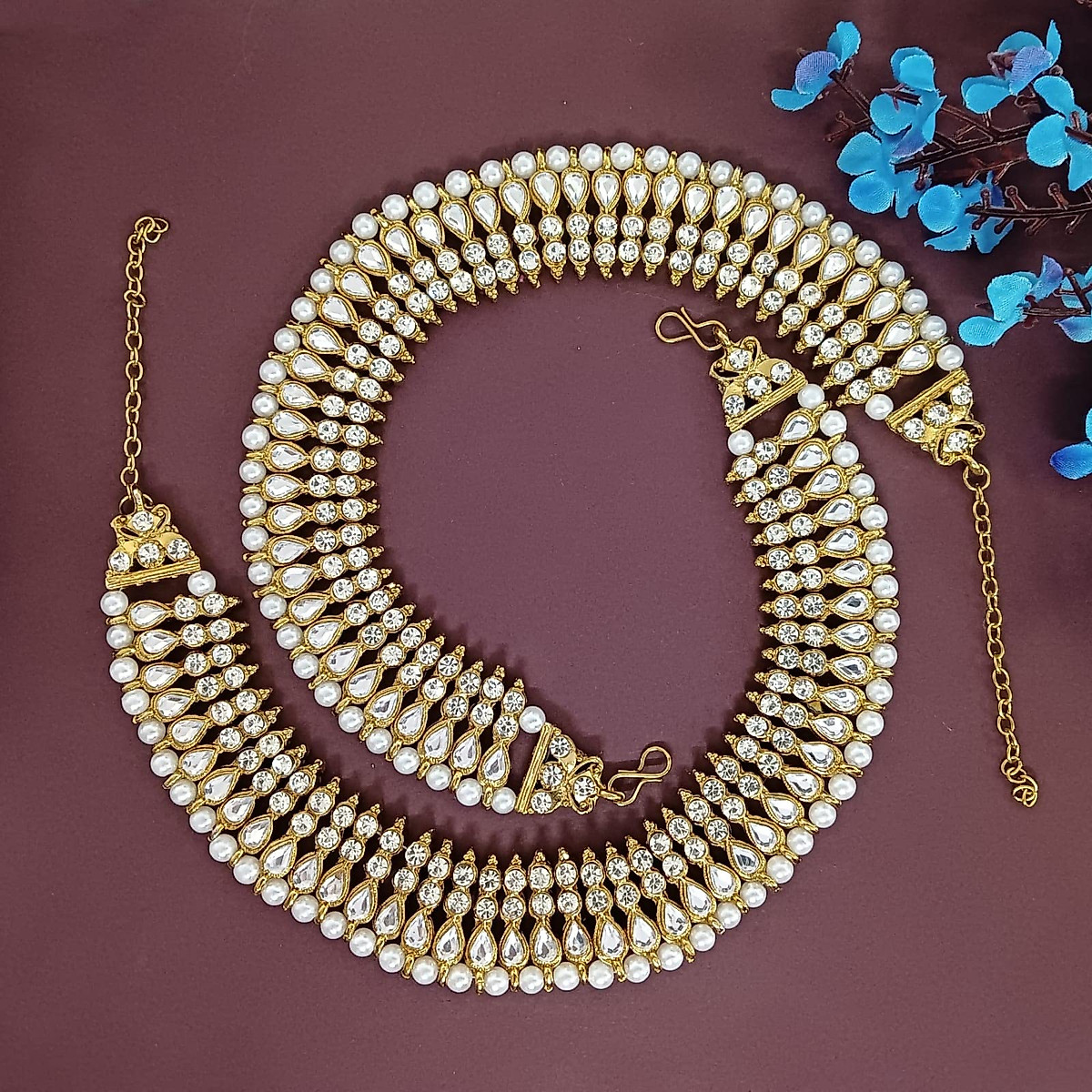 Efulgenz Indian Bridal Gold Tone Anklets for Women Indian Bollywood Anklet Crystal Rhinestone Faux Kundan Pearl Wedding Bridal Anklet Set Bracelet Payal Foot Jewelry