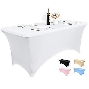 Yastouay 2 Pack 6ft Stretch Table Cloth Spandex Table Cover Tight Fitted for 6ft Rectangular Tables White Washable Tablecloths for Party, Wedding, Banquet, Outdoor (White, 6 Ft)