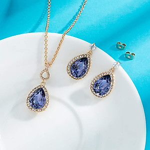 EVEVIC Austrian Crystals Teardrop Pendant Necklace Earrings for Women 14K Gold Plated Hypoallergenic Jewelry Set (Dark Blue)