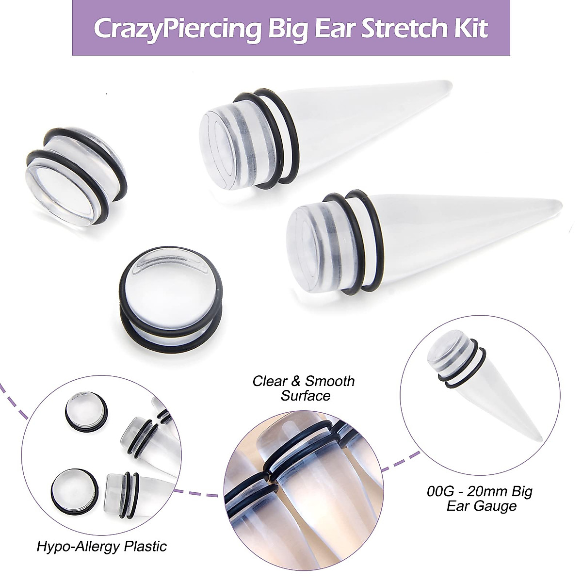 CrazyPiercing Big Ear Gauges Kit 24 Pieces Acrylic Tapers and Plugs Double O-rings Stretching Set