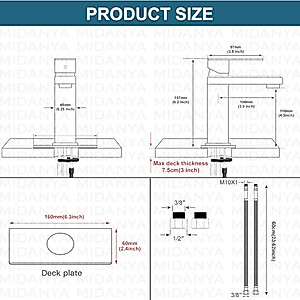 Midanya Matte Black Bathroom Sink Faucet 1 Hole Single Handle Deck Mount Lavatory Mixer Tap Include Pop Up Drain with Overflow One Lever Commercial