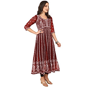 EthnicJunction Women's Georgette Chikankari Embroidery Anarkali Kurta (X Large) (Rust Orange)