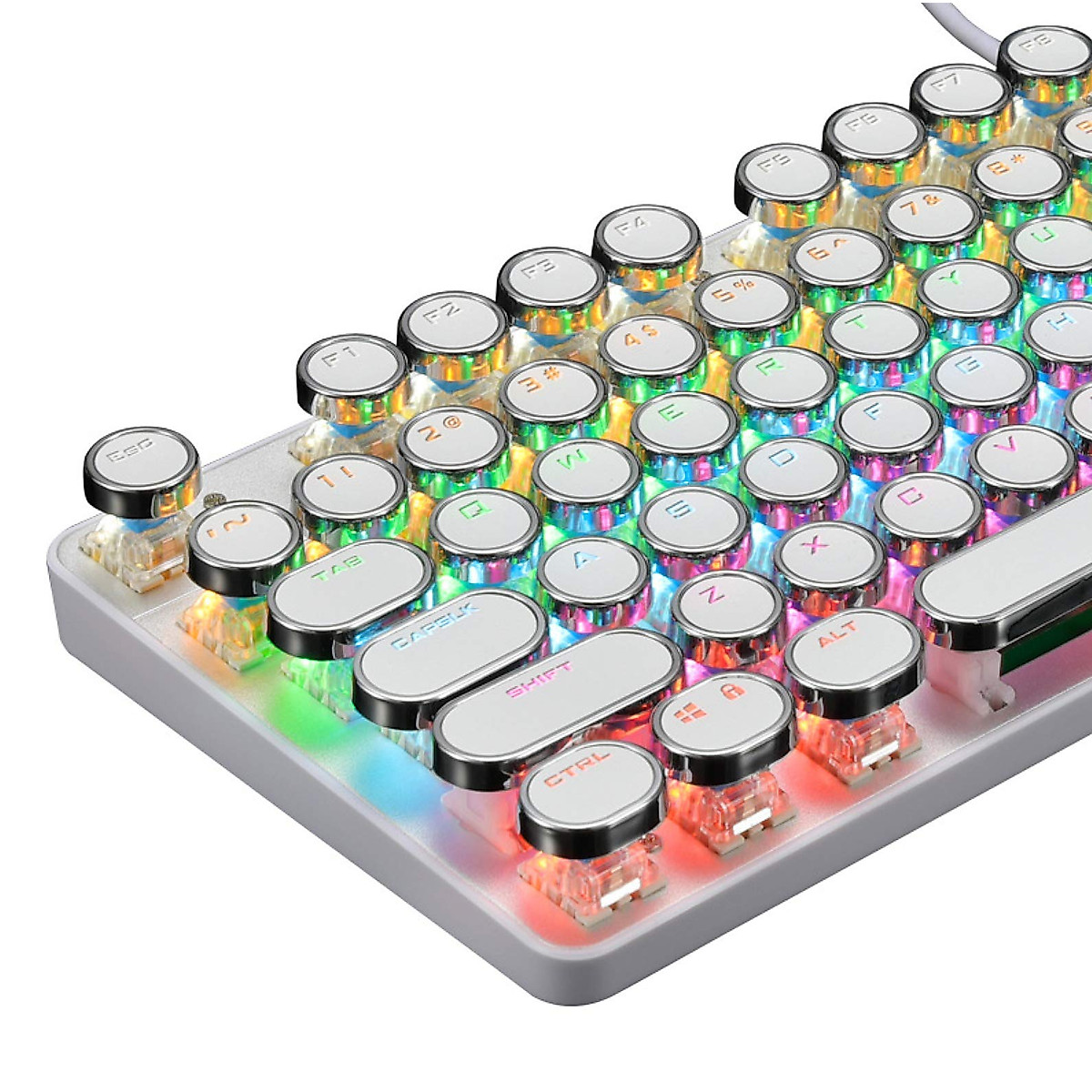 YSCP Typewriter Style Mechanical Gaming Keyboard LED Backlit Wired with Blue Switch Retro Round Keycap 104 Keys Keyboard (White 104 Keys LED)