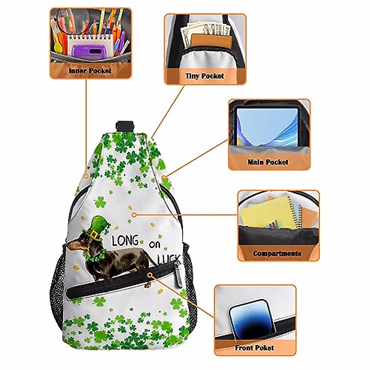 Gsypo Sling Backpack, Happy St. Patrick's Day Clover Puppy Dog Waterproof Lightweight Small Sling Bag, Travel Chest Bag Crossbody Shoulder Bag Hiking Daypack for Women Men