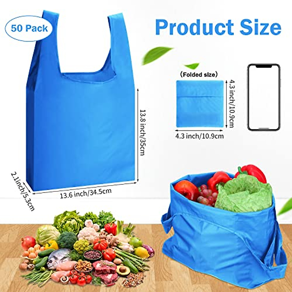 Chumia 50 Pack Reusable Grocery Bags Foldable Portable Shopping Bags Polyester Washable Grocery Bag with Handles (Sky Blue)