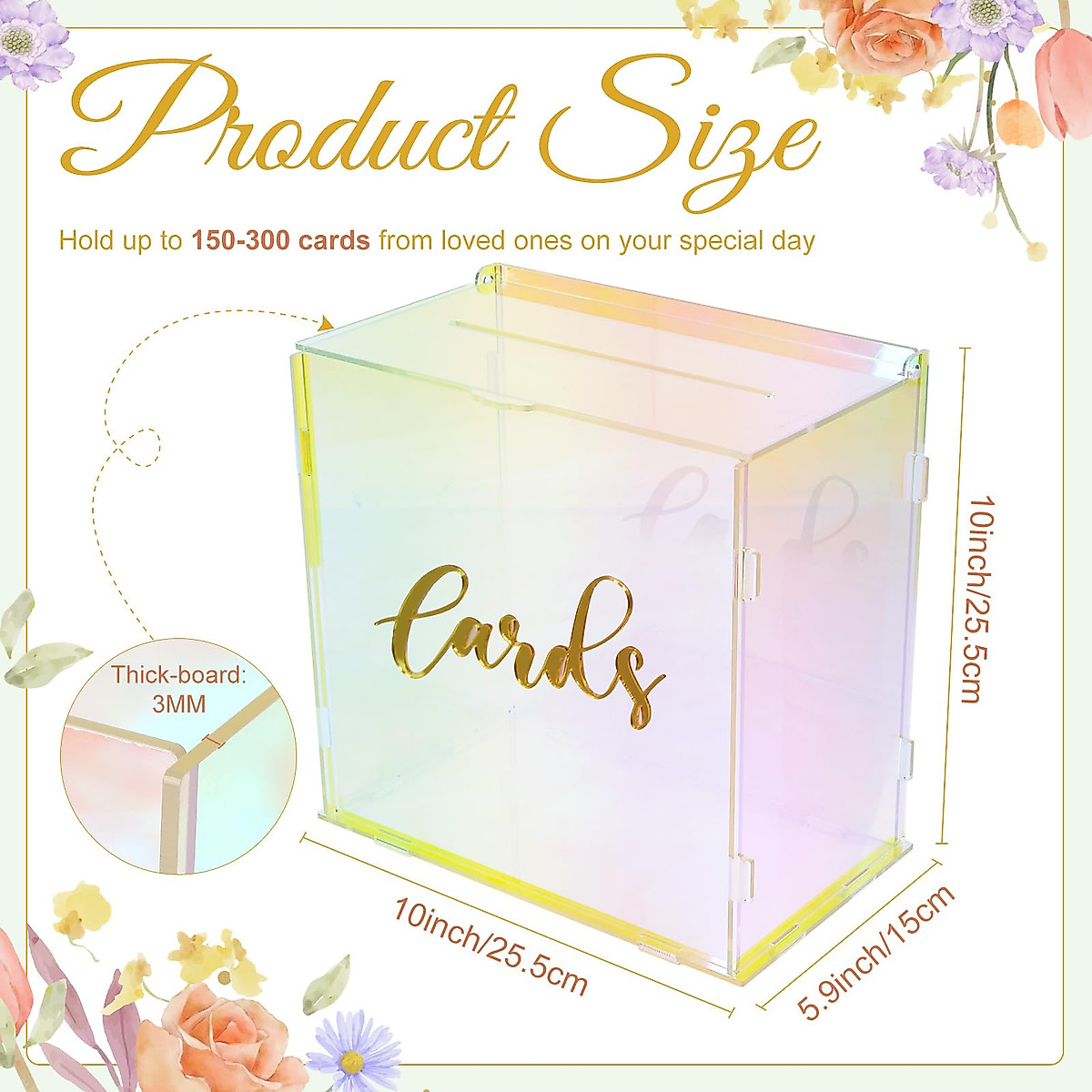 OurWarm Iridescent Acrylic Wedding Card Box with String Light, DIY Gift Card Box for Wedding Reception, Wedding Envelope Money Card Box Holder for Party Graduation Baby Shower Birthday Decorations