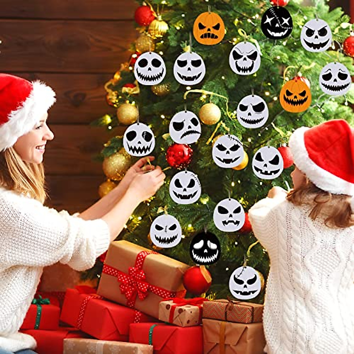 Qiyaz 36 Pcs Wooden Christmas Tree Decorations Pumpkin Copper Hanging Wooden Ornament Decorations White Orange Pumpkin Christmas Tree Party Supplies